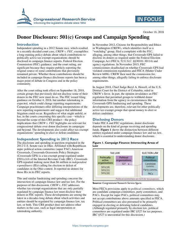 Donor Disclosure: 501(c) Groups and Campaign Spending - EveryCRSReport.com