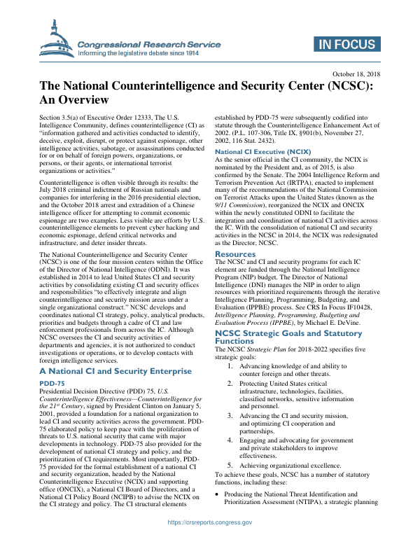 The National Counterintelligence and Security Center (NCSC): An ...