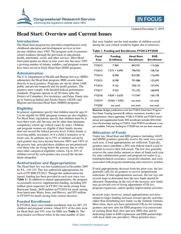 Head Start: Overview and Current Issues - EveryCRSReport.com