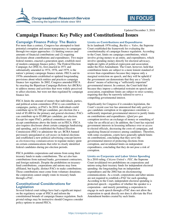 Campaign Finance: Key Policy and Constitutional Issues - EveryCRSReport.com