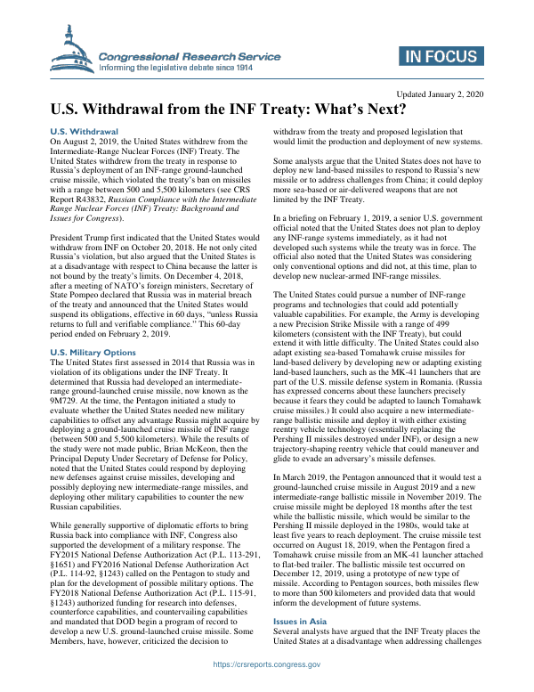 U.S. Withdrawal from the INF Treaty: What’s Next? - EveryCRSReport.com