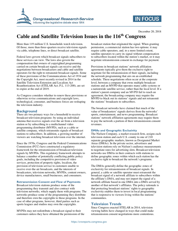 Cable and Satellite Television Issues in the 116th Congress ...