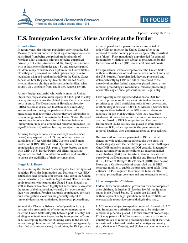 U.S. Immigration Laws for Aliens Arriving at the Border ...