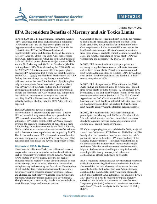 EPA Reconsiders Benefits of Mercury and Air Toxics Limits ...