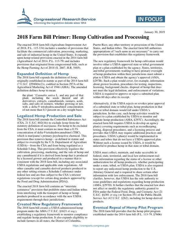 2018 Farm Bill Primer: Hemp Cultivation and Processing - EveryCRSReport.com