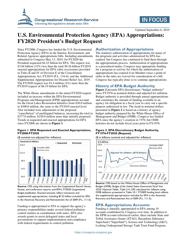 U.S. Environmental Protection Agency (EPA) Appropriations: FY2020 ...