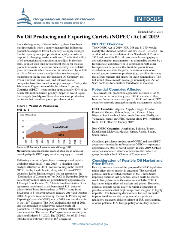 No Oil Producing and Exporting Cartels (NOPEC) Act of 2019 ...