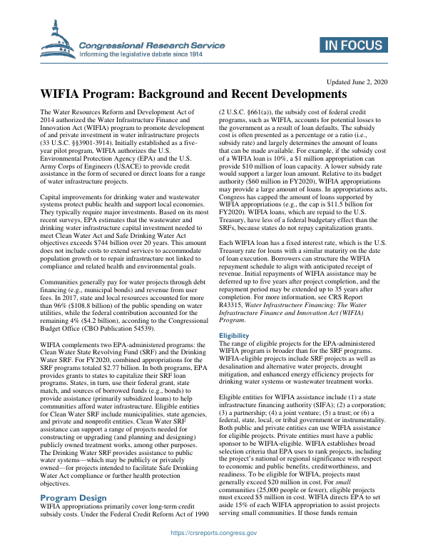 WIFIA Program: Background and Recent Developments - EveryCRSReport.com