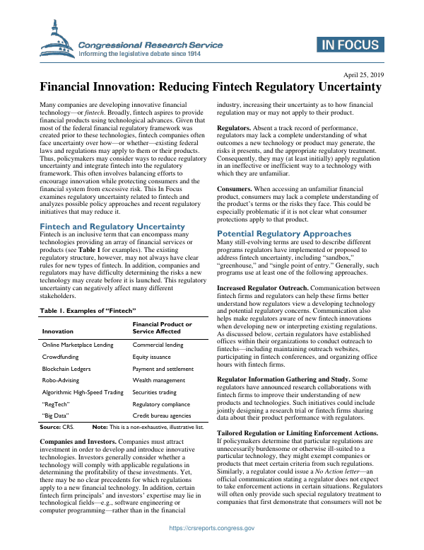 Financial Innovation: Reducing Fintech Regulatory Uncertainty ...