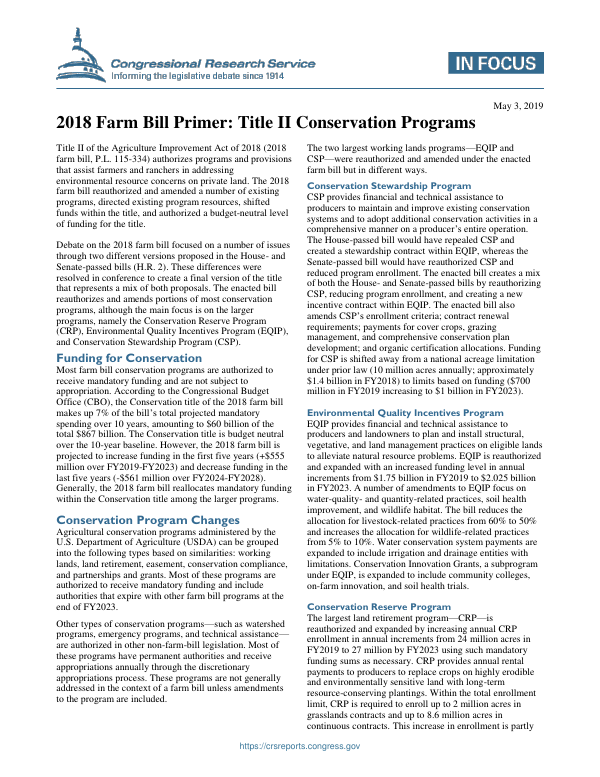 2018 Farm Bill Primer: Title II Conservation Programs - EveryCRSReport.com