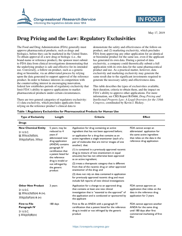 Drug Pricing and the Law: Regulatory Exclusivities - EveryCRSReport.com