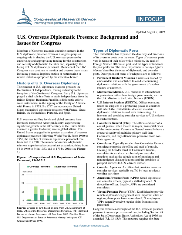 U.S. Overseas Diplomatic Presence: Background and Issues for Congress ...