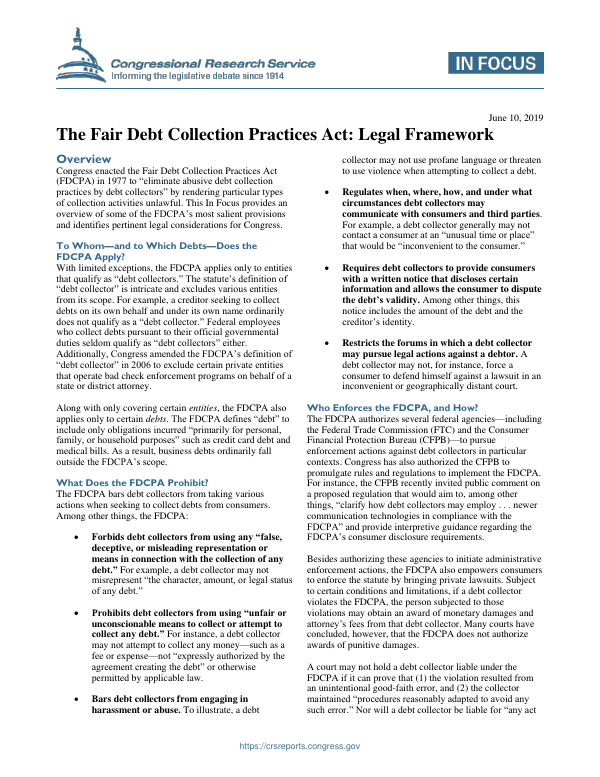The Fair Debt Collection Practices Act: Legal Framework ...
