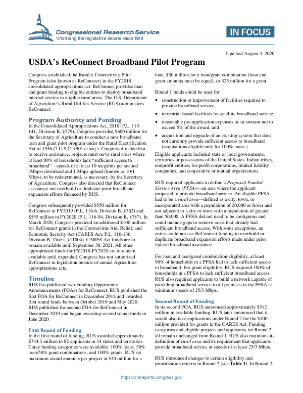 USDA’s ReConnect Broadband Pilot Program - EveryCRSReport.com