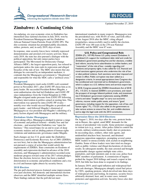 Zimbabwe: A Continuing Crisis - EveryCRSReport.com