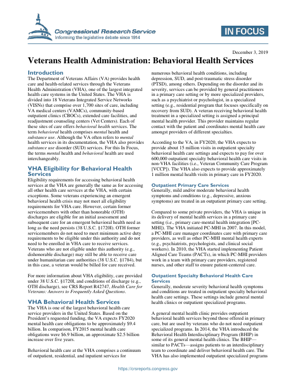 Veterans Health Administration: Behavioral Health Services ...