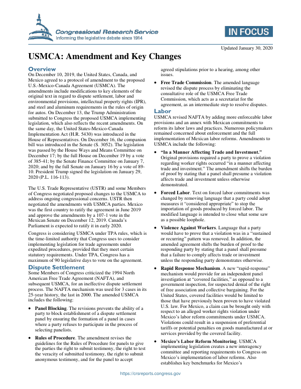 USMCA: Amendment and Key Changes - EveryCRSReport.com