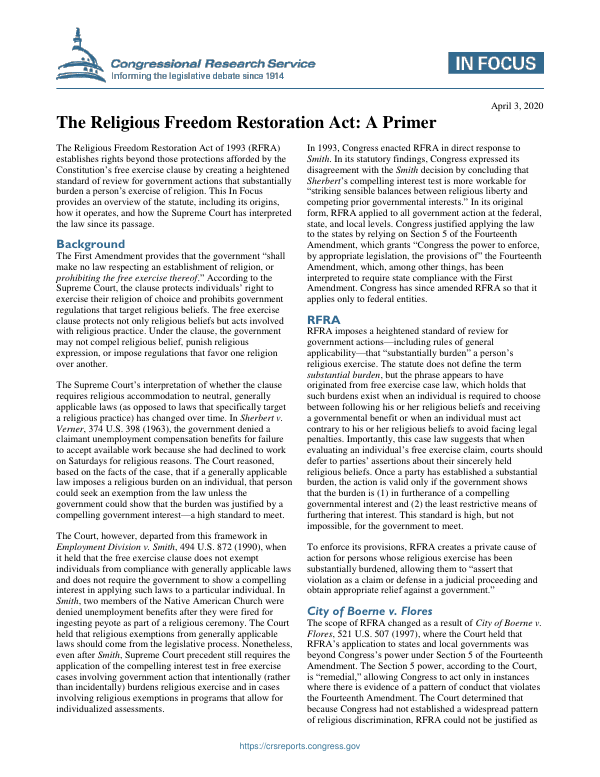 The Religious Freedom Restoration Act: A Primer - EveryCRSReport.com