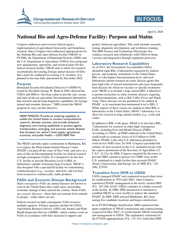 National Bio and Agro-Defense Facility: Purpose and Status ...