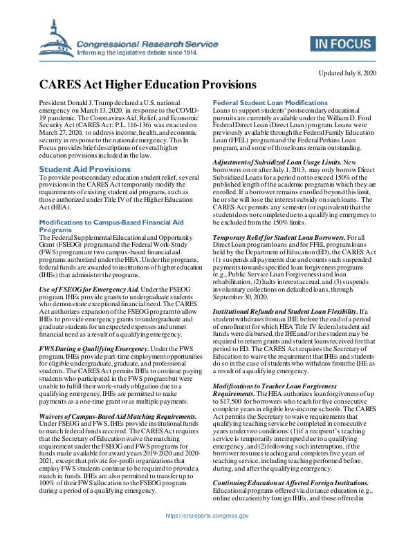 CARES Act Higher Education Provisions - EveryCRSReport.com