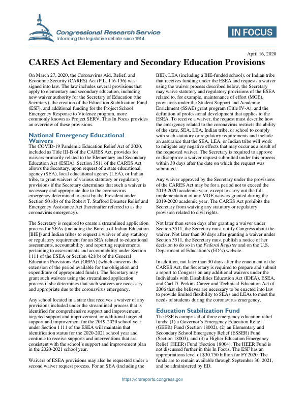 CARES Act Elementary and Secondary Education Provisions ...