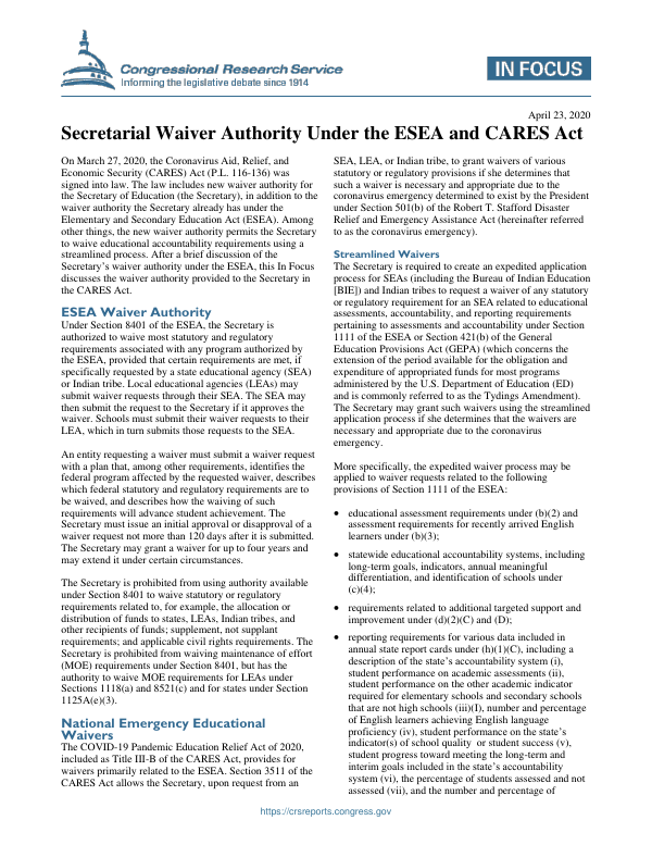 Secretarial Waiver Authority Under the ESEA and CARES Act ...