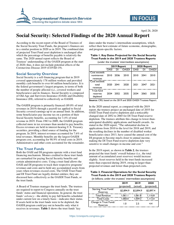 Social Security: Selected Findings of the 2020 Annual Report ...