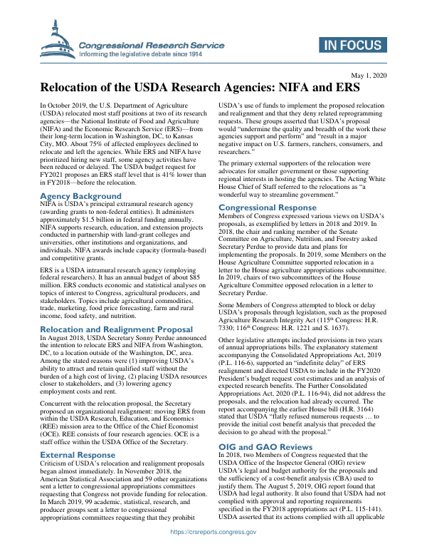 Relocation of the USDA Research Agencies: NIFA and ERS - EveryCRSReport.com