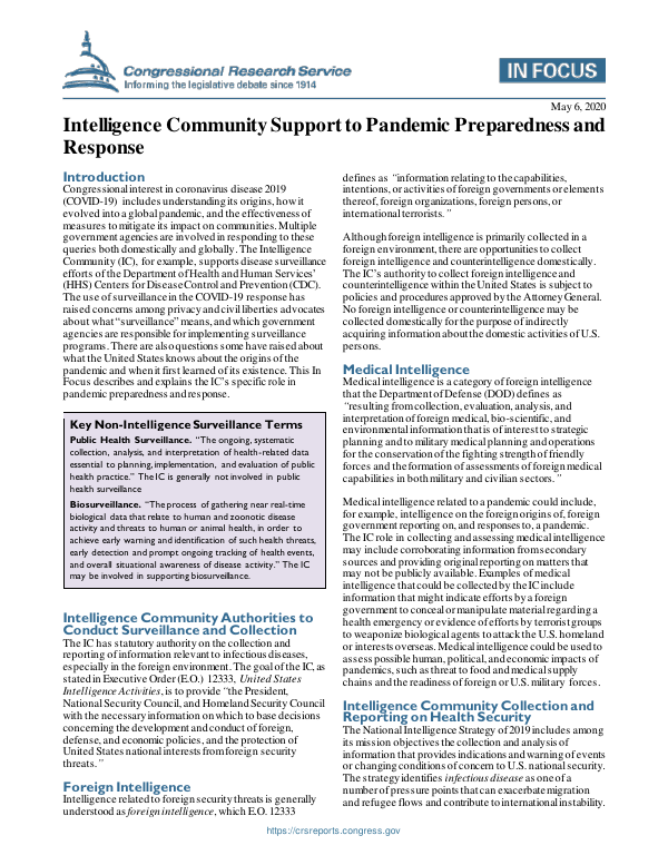 Intelligence Community Support to Pandemic Preparedness and Response ...
