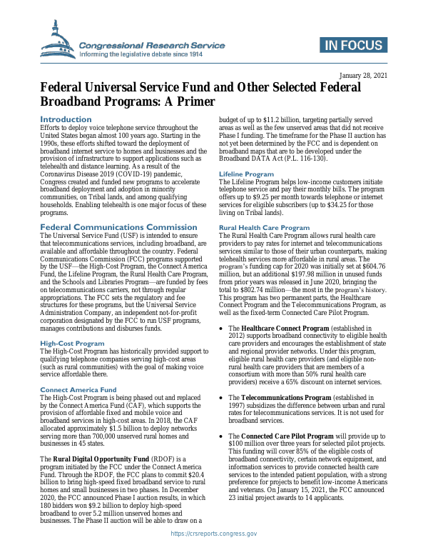 Federal Universal Service Fund and Other Selected Federal Broadband ...