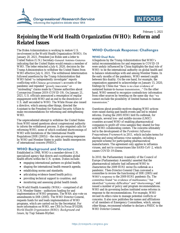 Rejoining the World Health Organization (WHO): Reform and Related ...