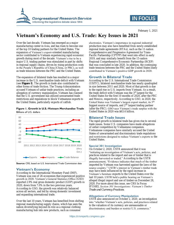 Vietnam’s Economy and U.S. Trade: Key Issues in 2021 - EveryCRSReport.com