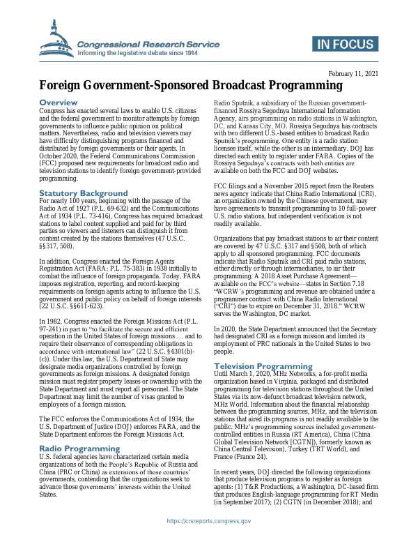 Foreign Government-Sponsored Broadcast Programming - EveryCRSReport.com