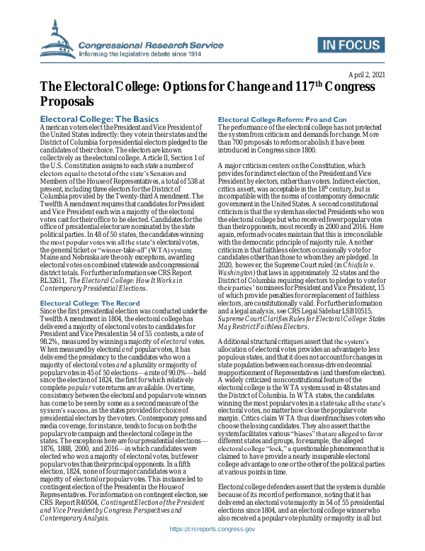 The Electoral College: Options for Change and 117th Congress Proposals ...