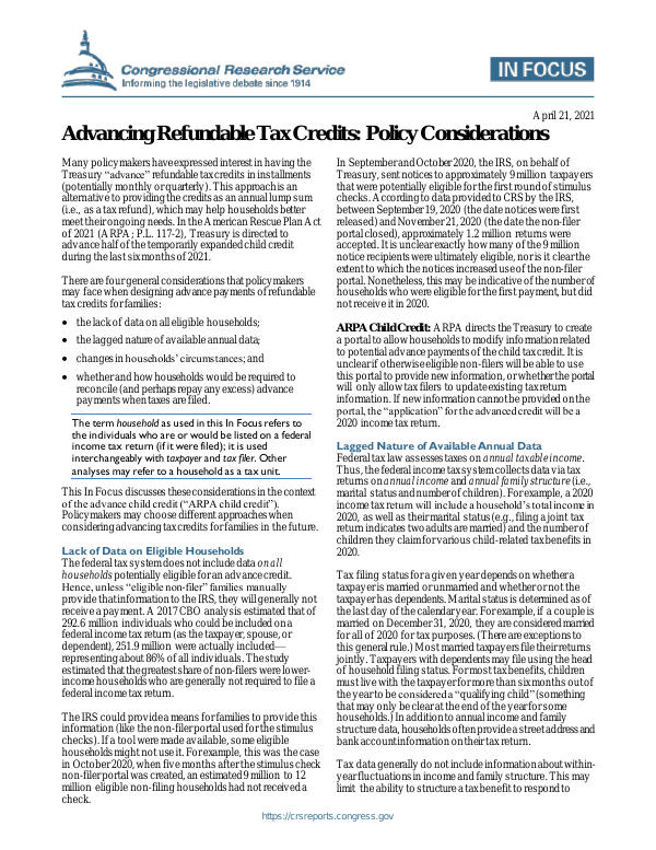 Advancing Refundable Tax Credits: Policy Considerations ...