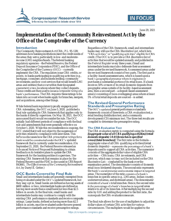 Implementation of the Community Reinvestment Act by the Office of the ...