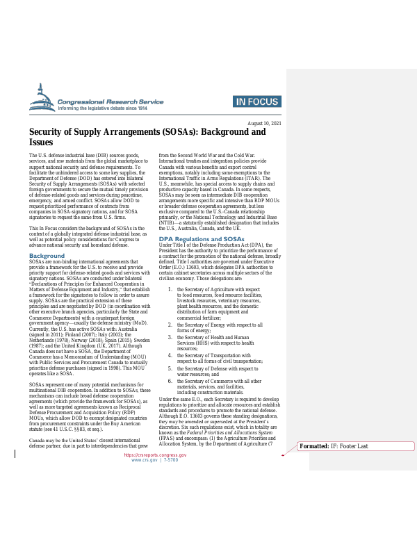 Security of Supply Arrangements (SOSAs): Background and Issues ...