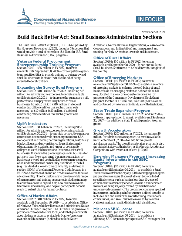 Build Back Better Act: Small Business Administration Sections ...
