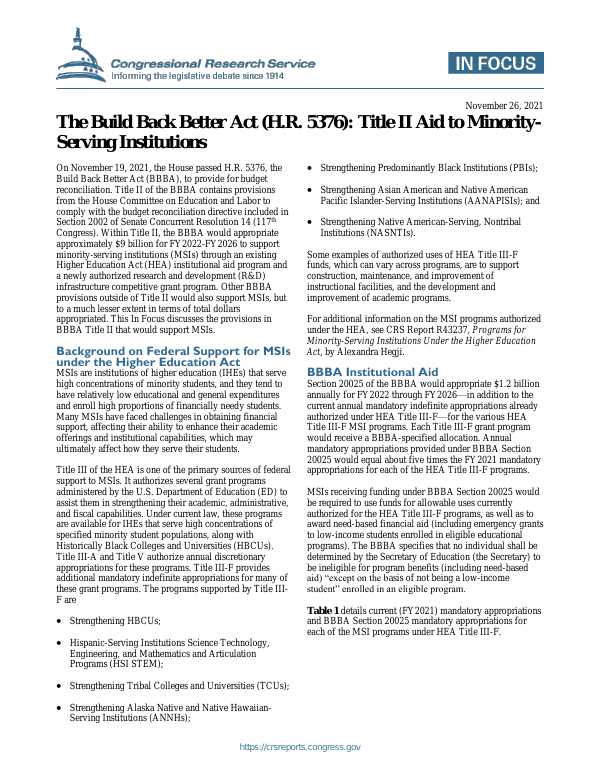The Build Back Better Act (H.R. 5376): Title II Aid to Minority-Serving ...