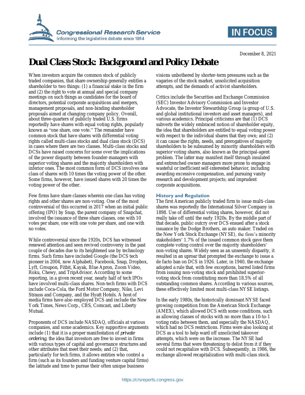 Dual Class Stock: Background and Policy Debate - EveryCRSReport.com