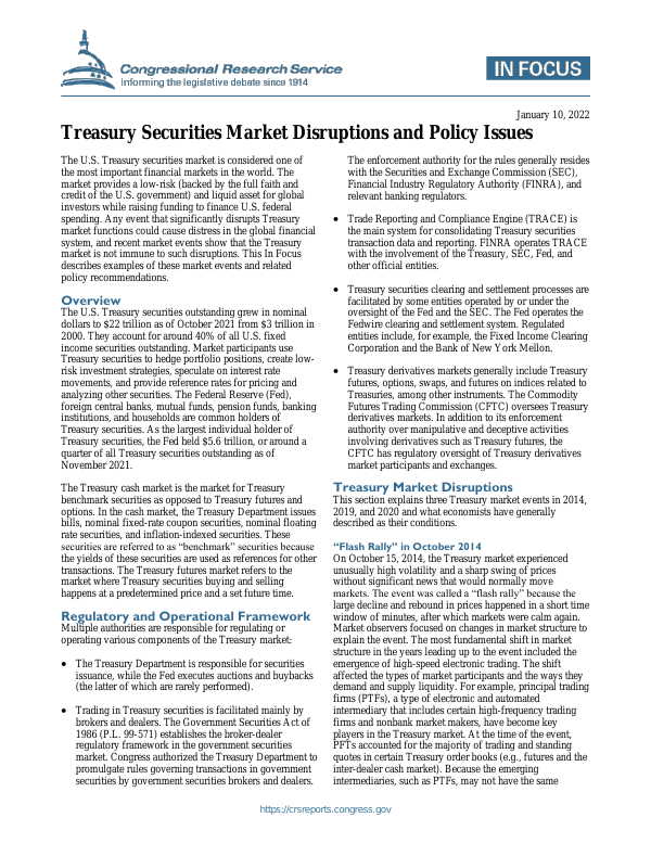 Treasury Securities Market Disruptions and Policy Issues ...