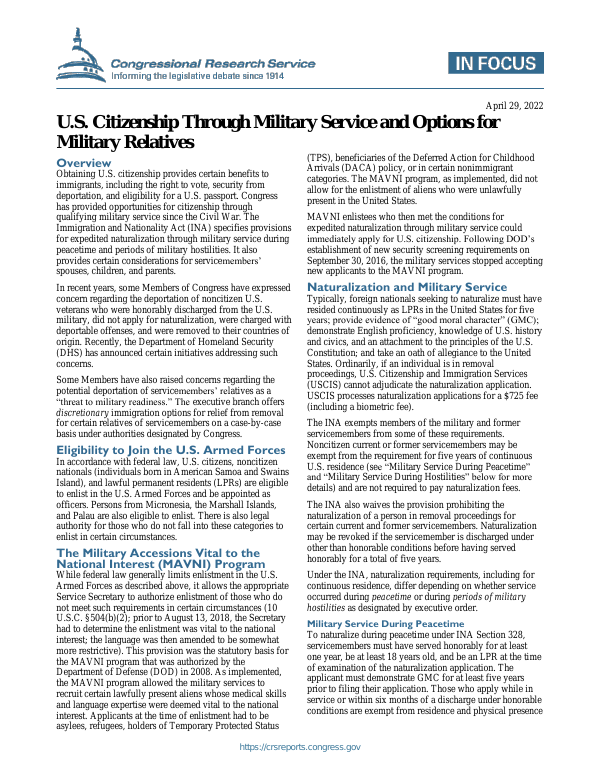 U.S. Citizenship Through Military Service and Options for Military ...