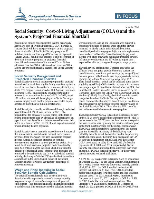 Social Security: Cost-of-Living Adjustments (COLAs) and the System’s ...