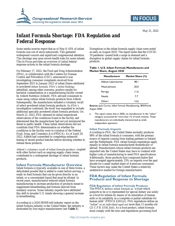 Infant Formula Shortage: FDA Regulation and Federal Response ...