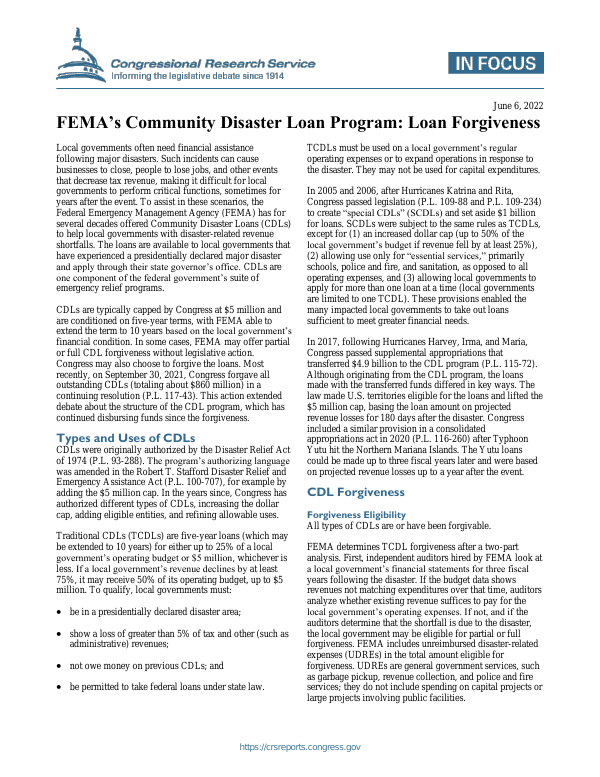 FEMA’s Community Disaster Loan Program: Loan Forgiveness ...