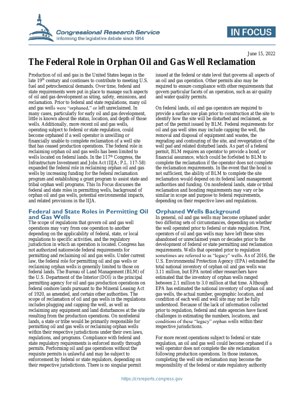 The Federal Role in Orphan Oil and Gas Well Reclamation ...