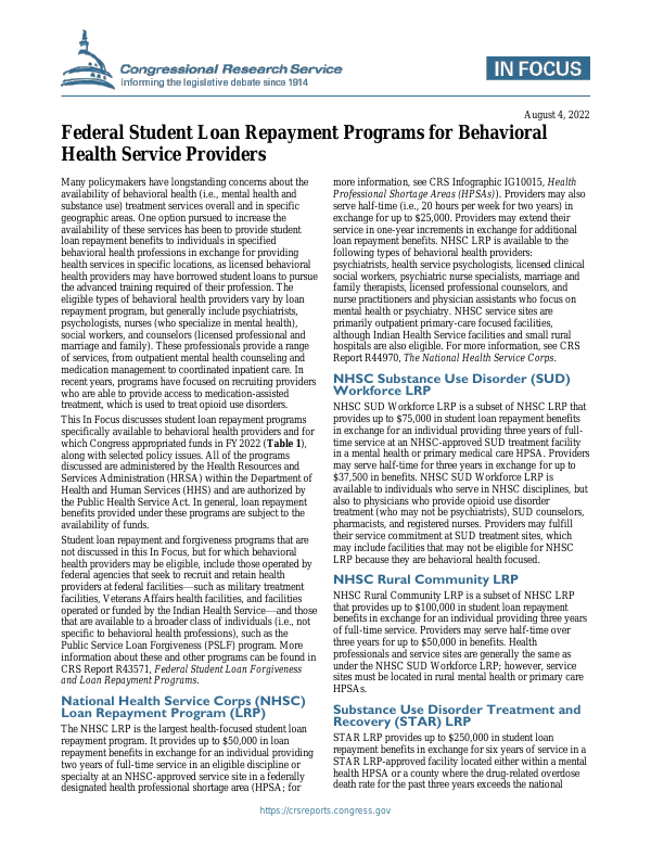 Federal Student Loan Repayment Programs for Behavioral Health Service ...