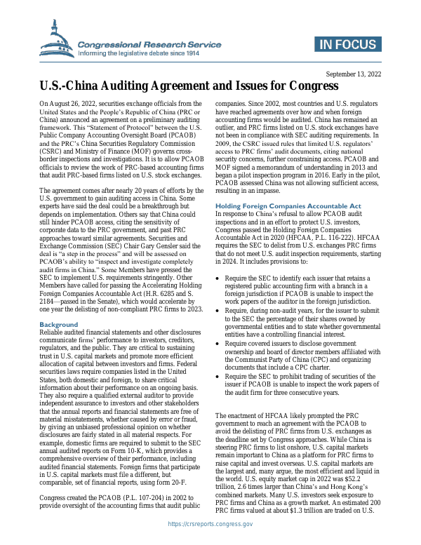 U.S.-China Auditing Agreement and Issues for Congress - EveryCRSReport.com