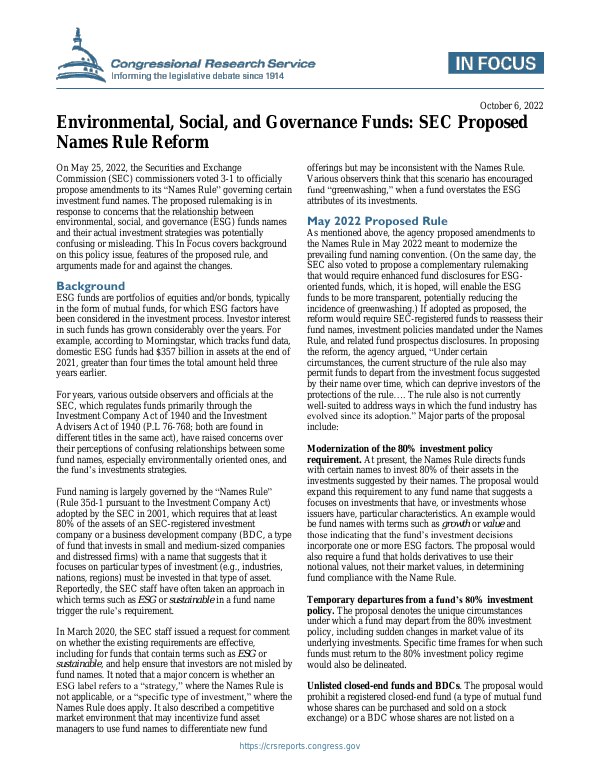 Environmental, Social, and Governance Funds: SEC Proposed Names Rule ...
