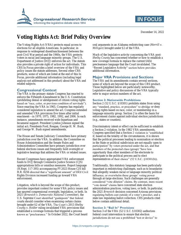 Voting Rights Act: Brief Policy Overview - EveryCRSReport.com